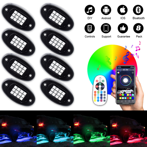 8Pcs RGB LED Rock Light Multicolor Neon LED Light Kit with Bluetooth W ...