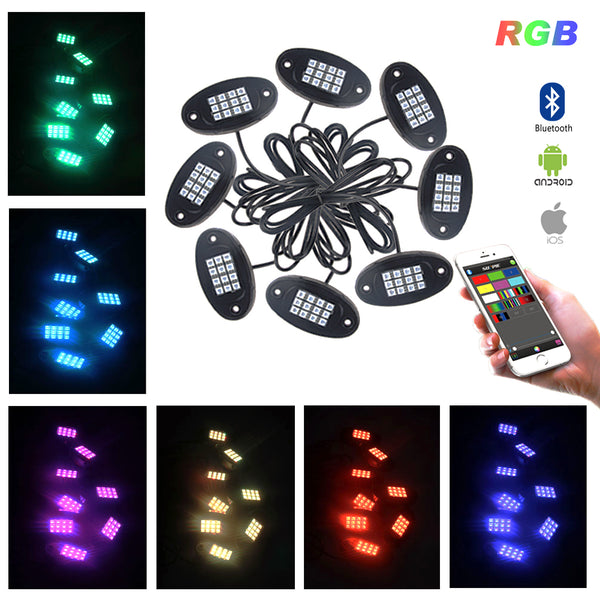 8Pcs RGB LED Rock Light Multicolor Neon LED Light Kit with Bluetooth W ...